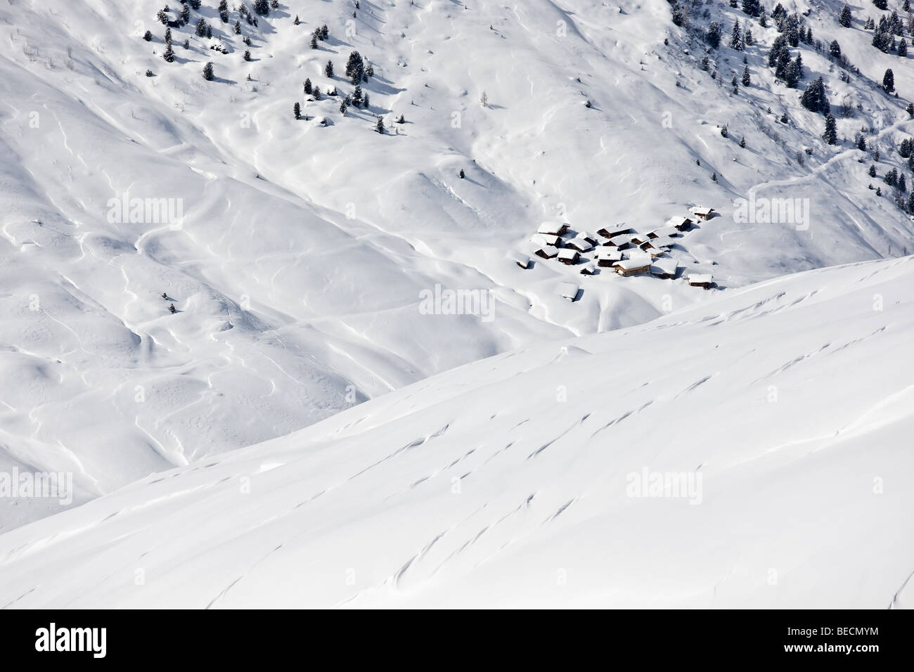 Alpine pastures covered with deep snow, Tux Alps, North Tyrol, Austria ...