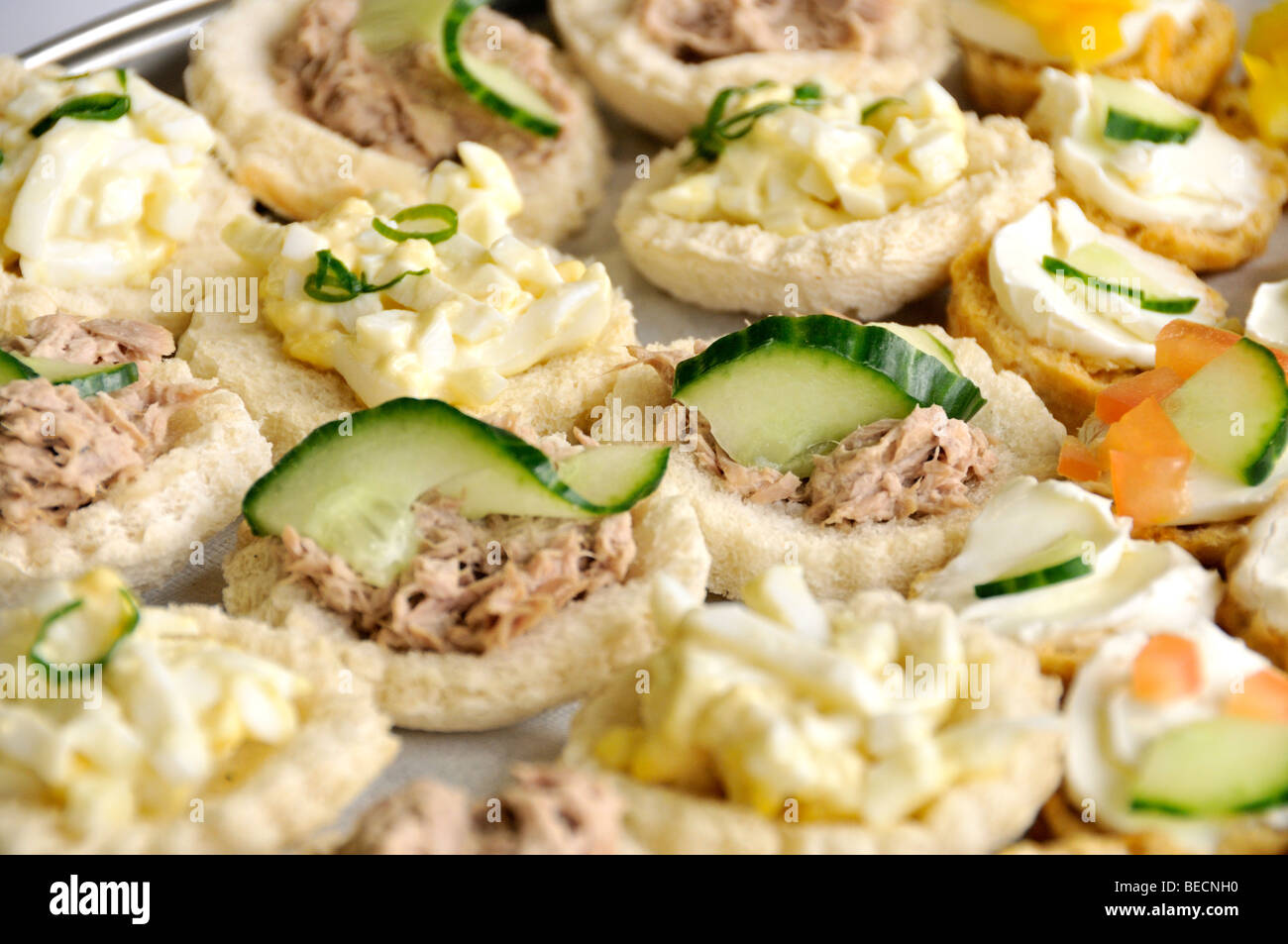 Close up of Various vol-au-vents including tuna and cucumber and ...