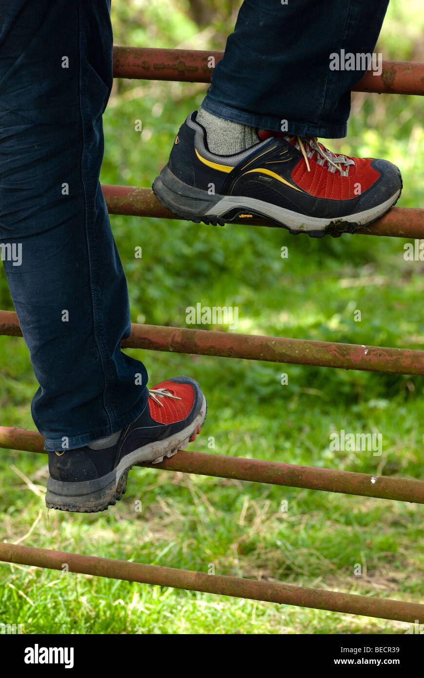 A walker climbing over a gate on a country walk Stock Photo - Alamy