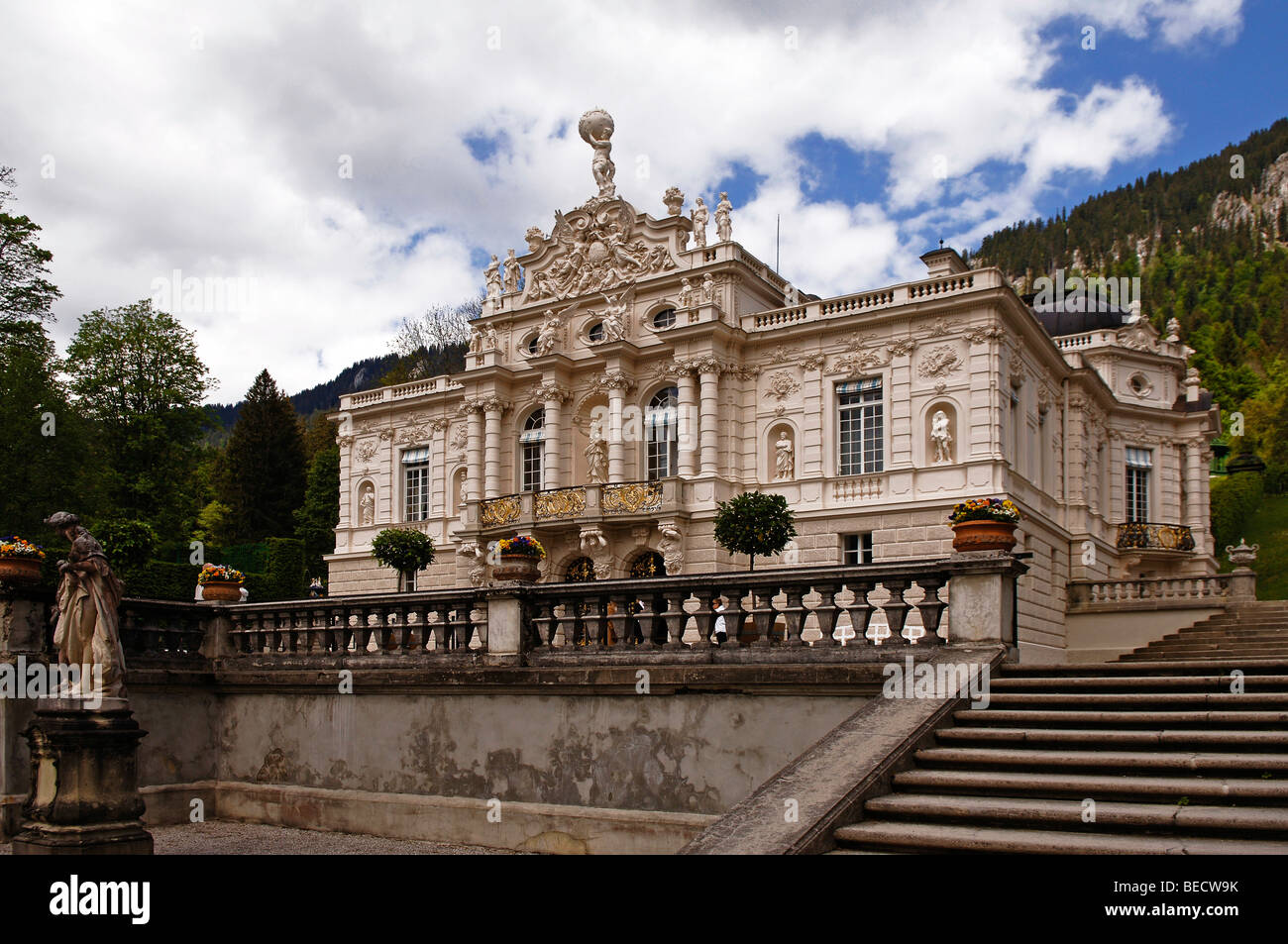 Main front of Schloss Linderhof castle, Linderhof, Upper Bavaria ...