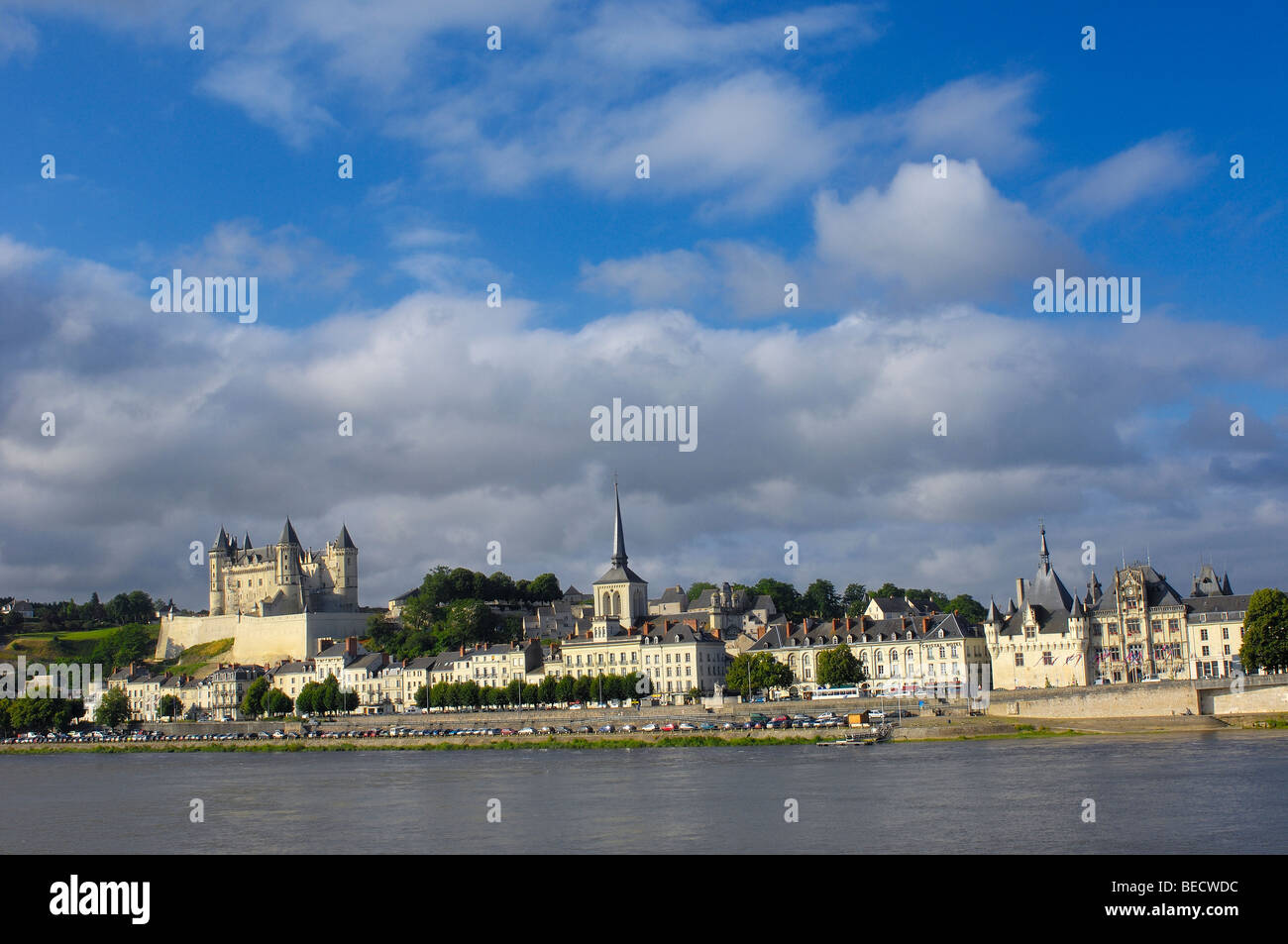 Loire River, Saumur Castle (Chateau de Saumur) and St-Pierre church ...