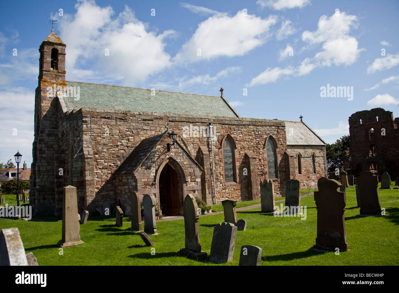 Priory , church of Lindisfarne Holy Island UK Northumberland. blue sky ...