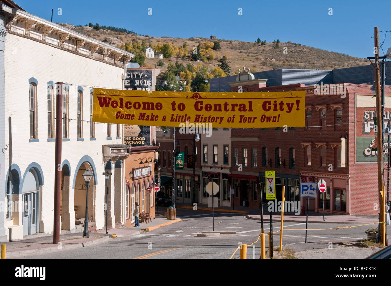 Street banner welcoming tourists to Central City Colorado for gambling ...