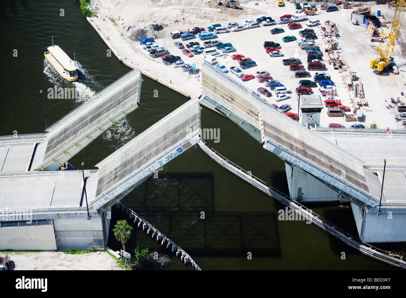 High angle view of a drawbridge across a river, Miami, Florida, USA ...