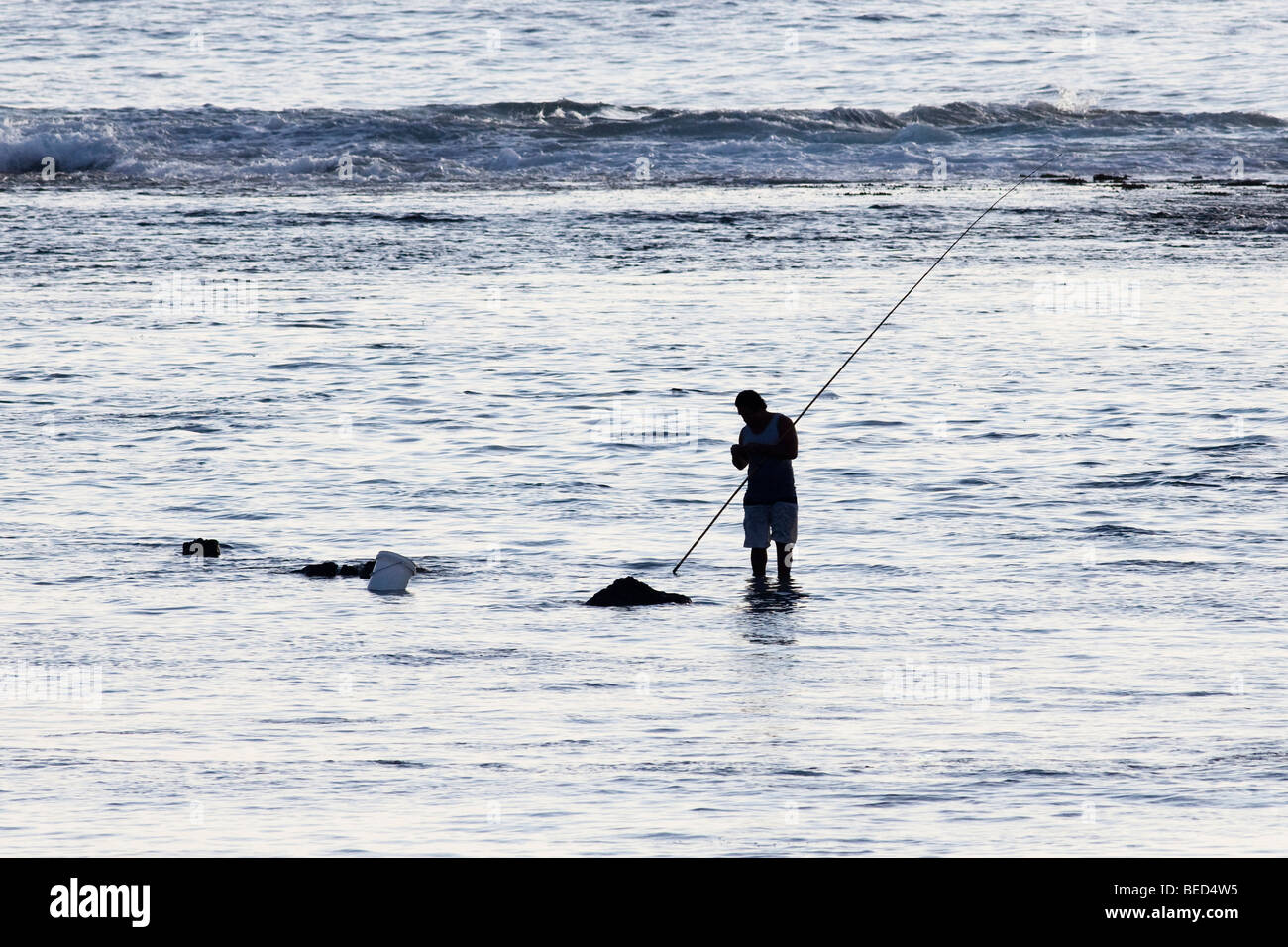 Local man fishing in shallow waters in the late afternoon in The Cook ...
