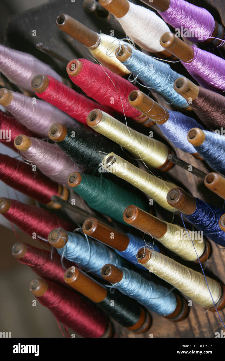 Town of Macclesfield, England. Close-up view of the colourful textiles ...