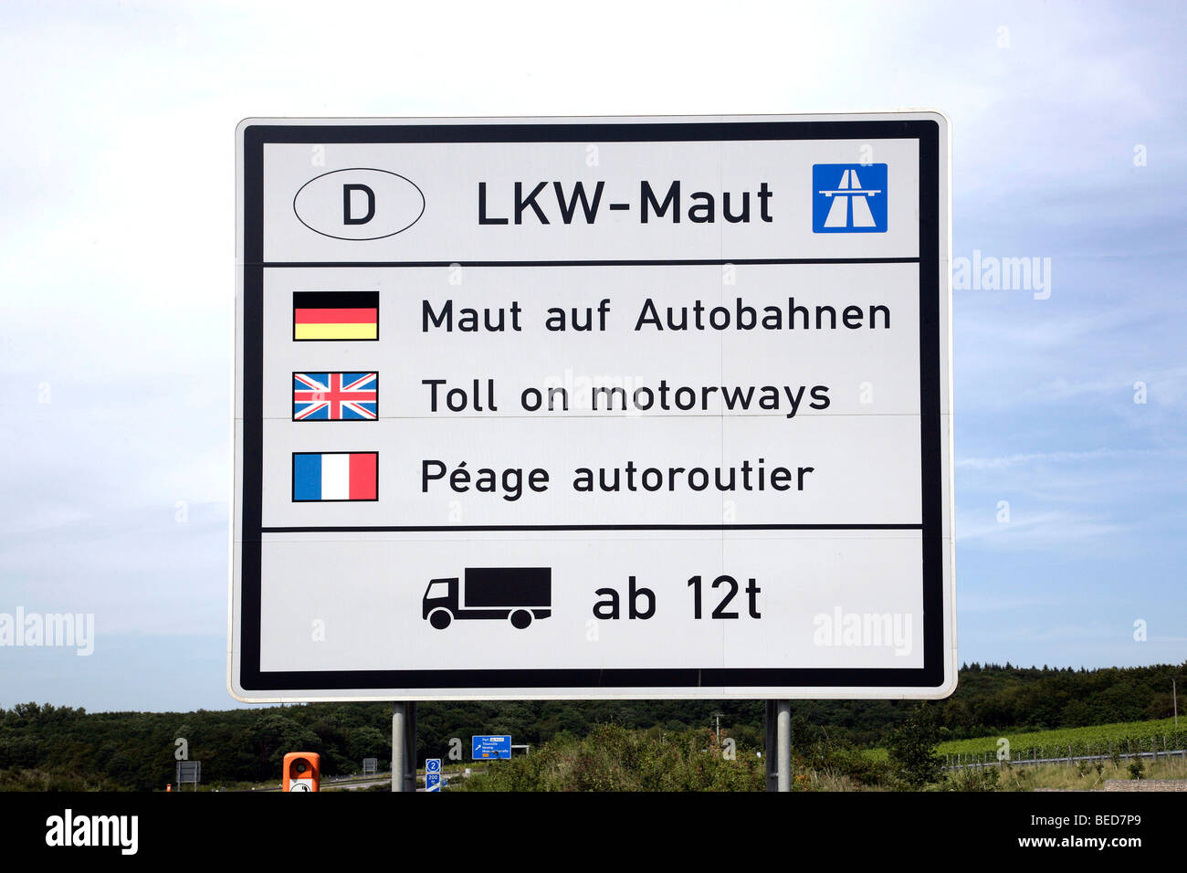 Information board on the E29 motorway, indicating the toll for lorries ...