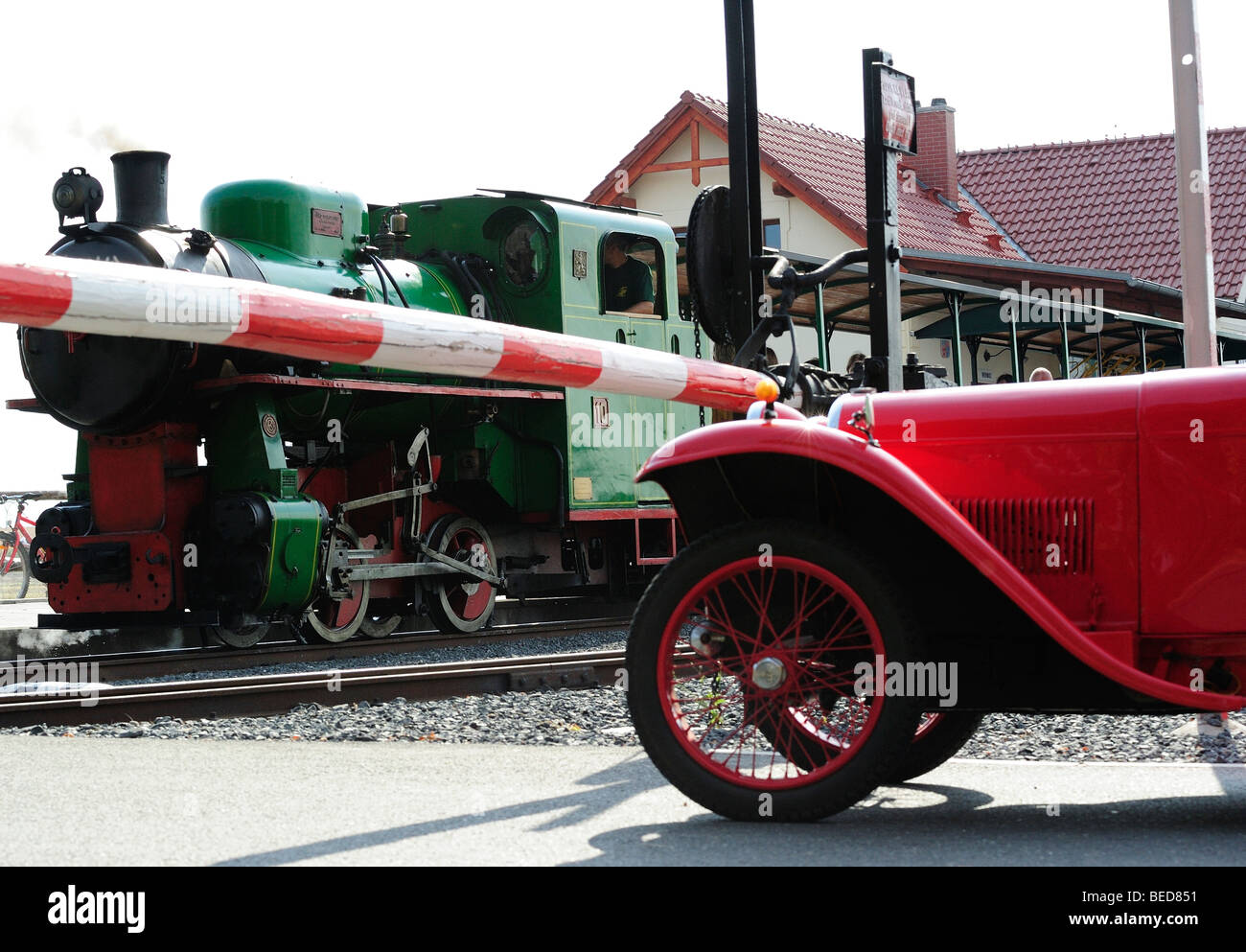 Steam Locomotive coal tank engine railway station with Aero veteran car ...