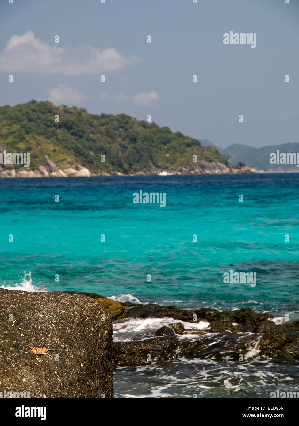 Turquoise Sea, Islands in Backbround with crab sun bathing Stock Photo ...