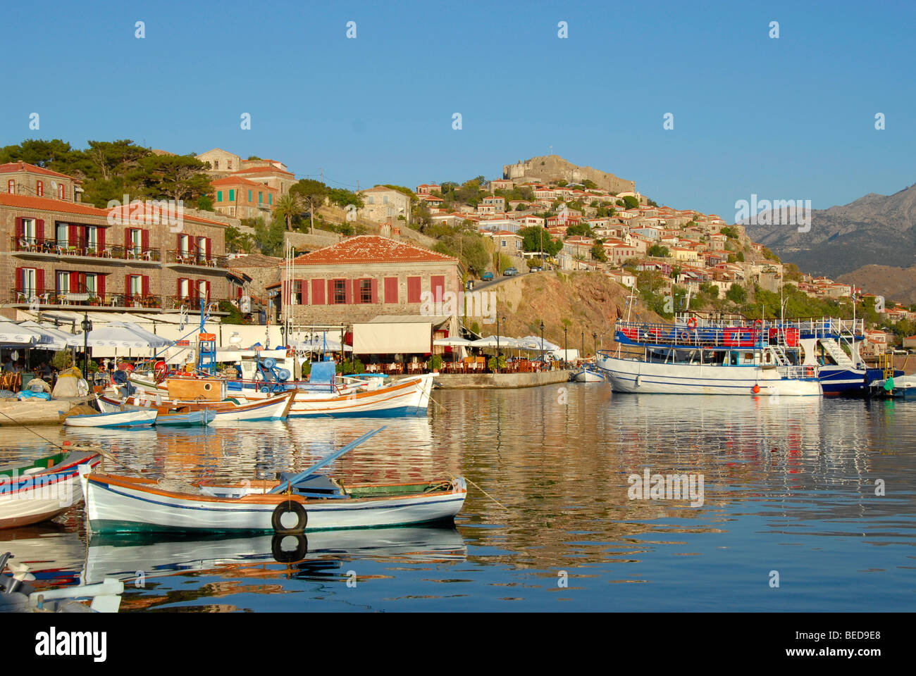 Port with fishing boats and historic town centre with castle, Mithymna ...