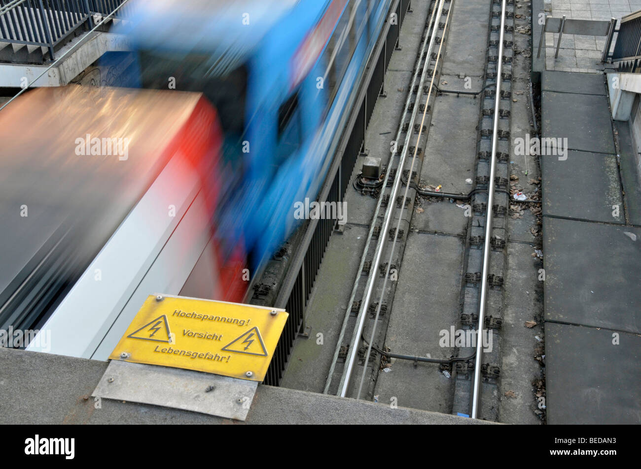 Warning sign and tram, Cologne, North Rhine-Westphalia, Germany, Europe ...
