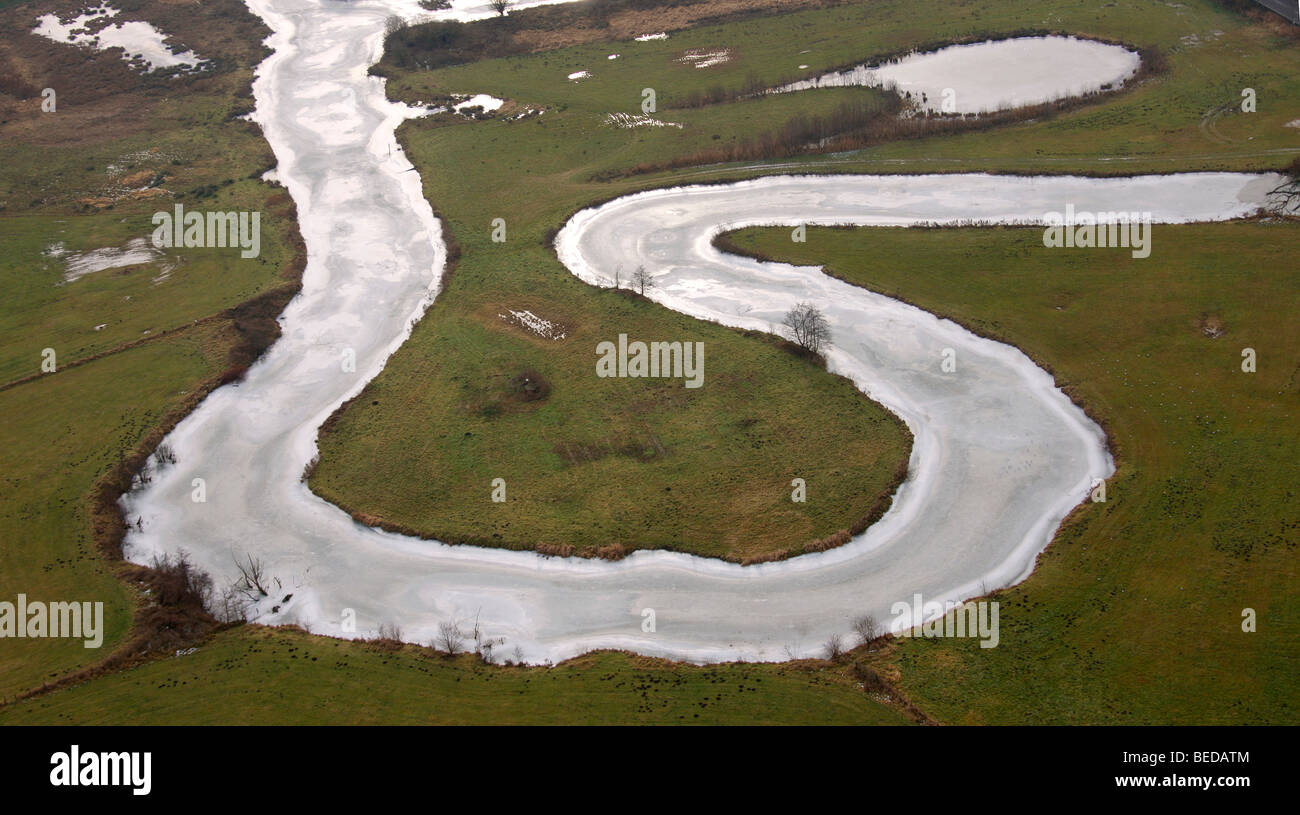Aerial picture, meander of the Lippe River at Heessen Castle, snow, ice ...
