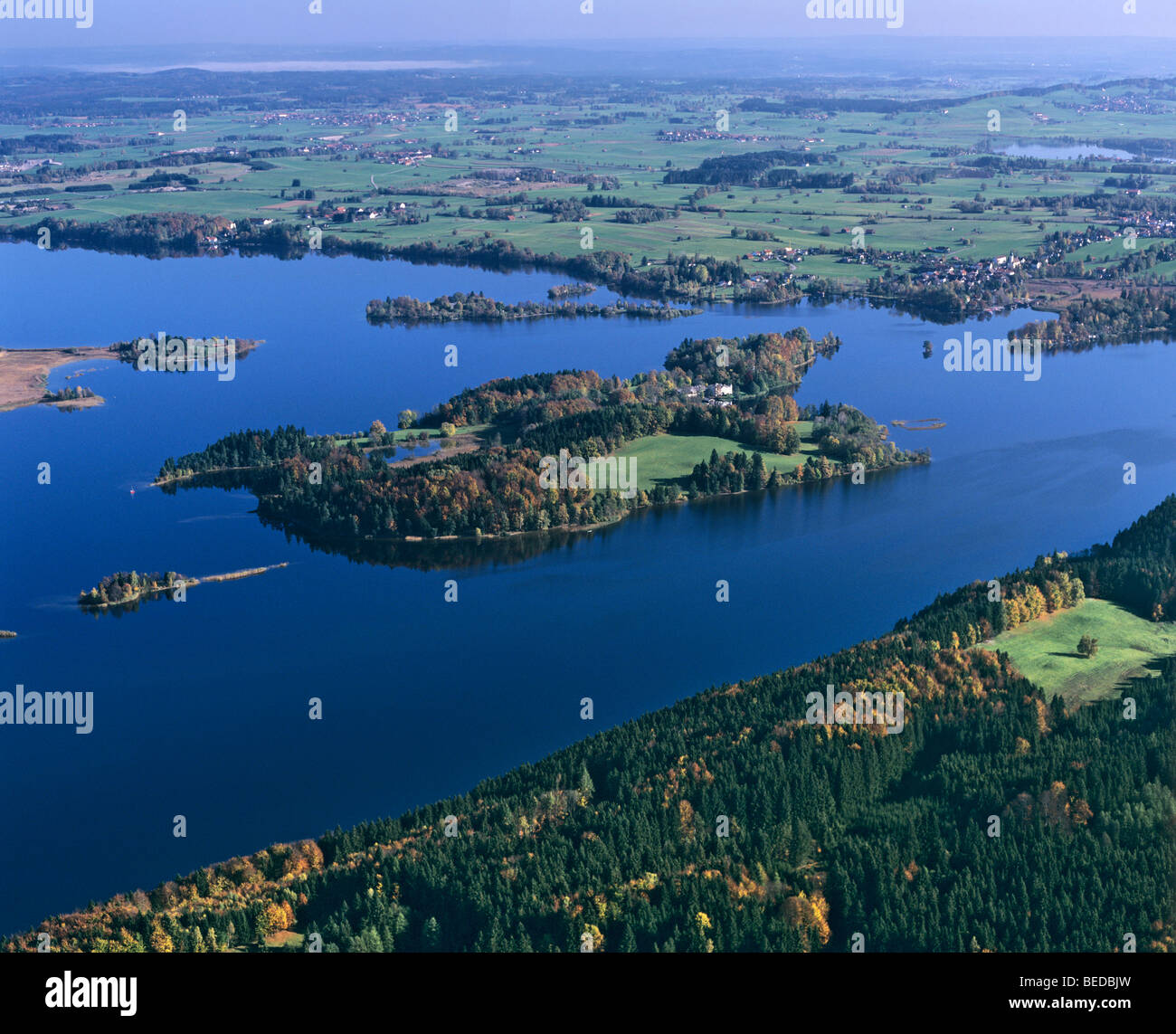 Aerial picture, Woerth Island, Staffelsee Lake near Murnau, Seehausen ...