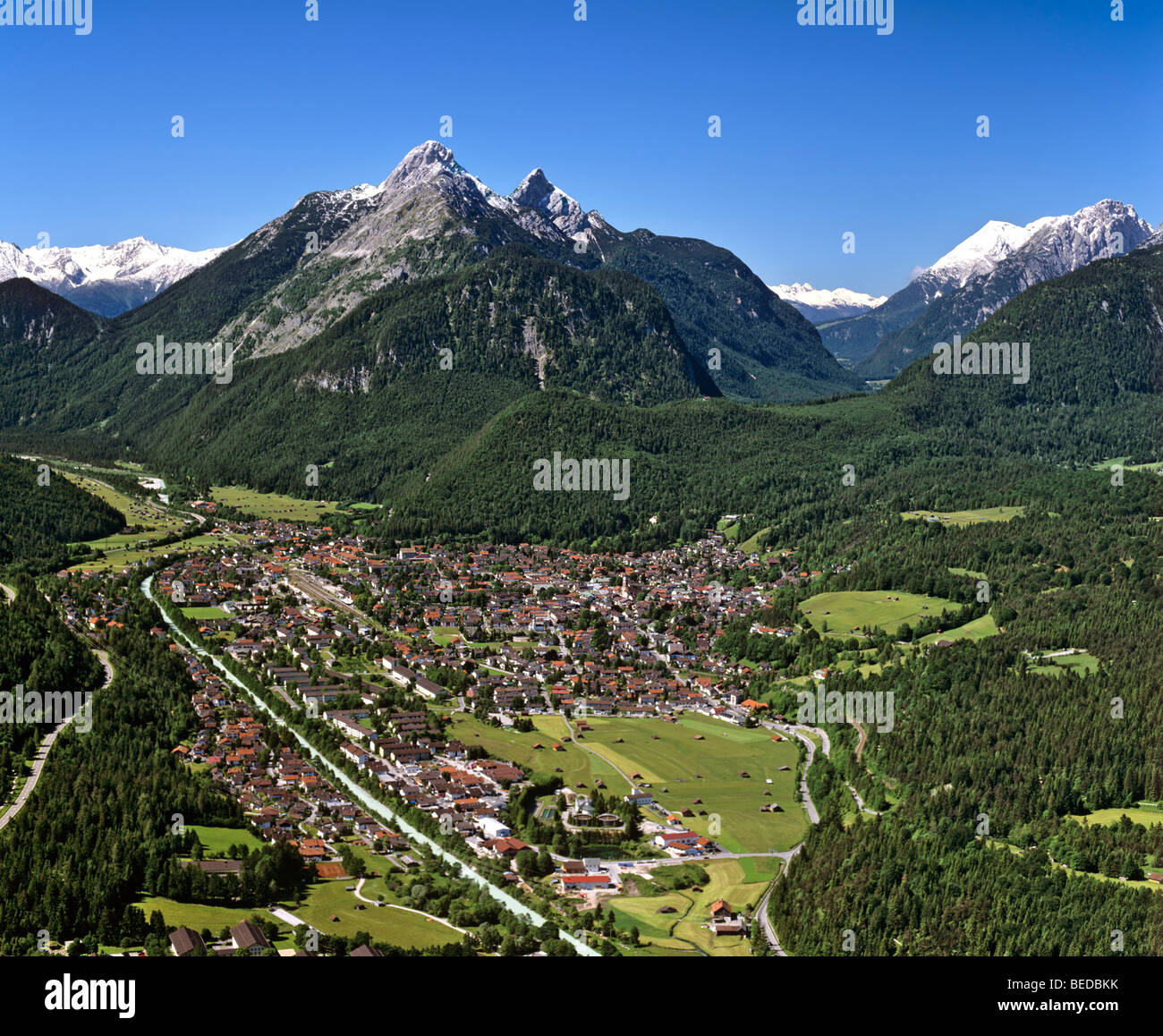 Aerial picture, Mittenwald with Mt Ahornspitze, Isartal Valley, Upper ...