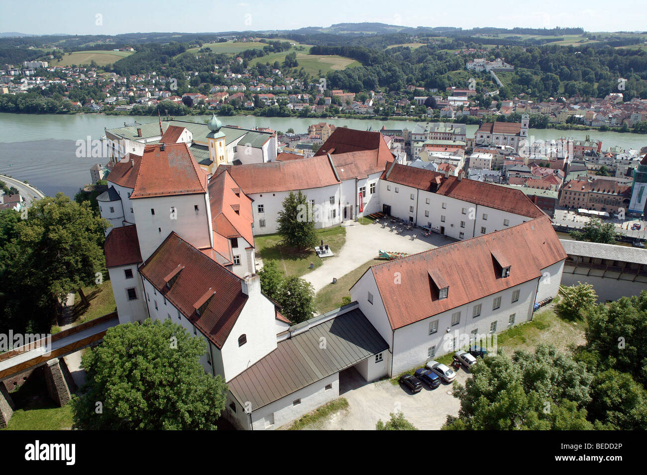 View from the Veste Oberhaus fortress on the confluence of the rivers ...