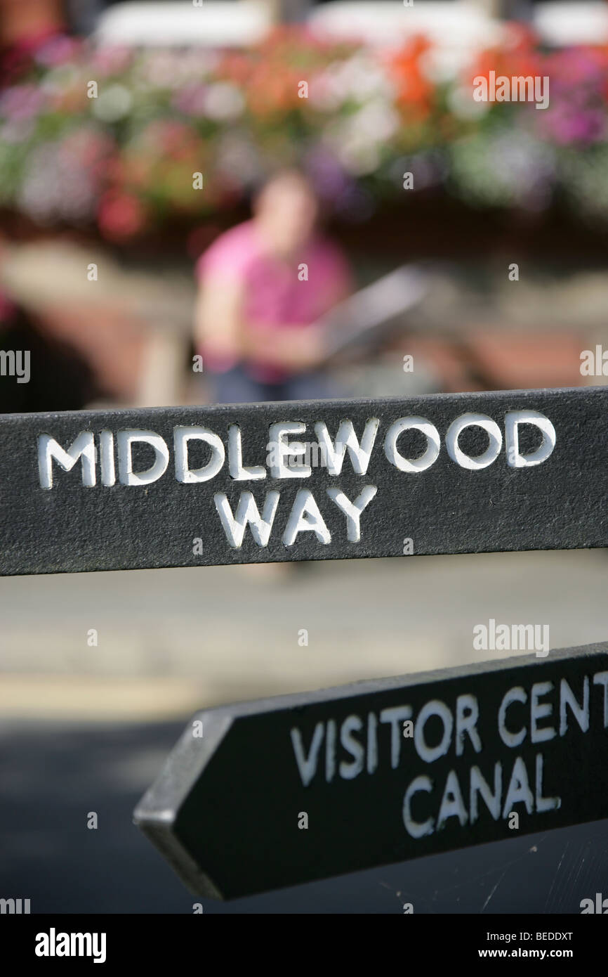 Village of Higher Poynton, England. Middlewood Way direction signs on ...