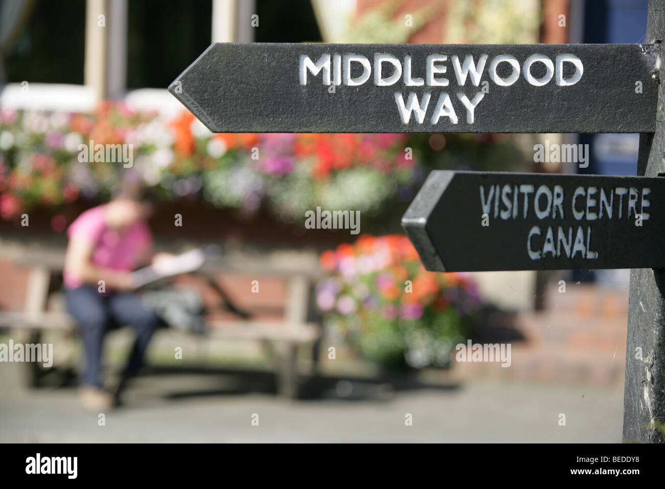Village of Higher Poynton, England. Middlewood Way direction signs on ...