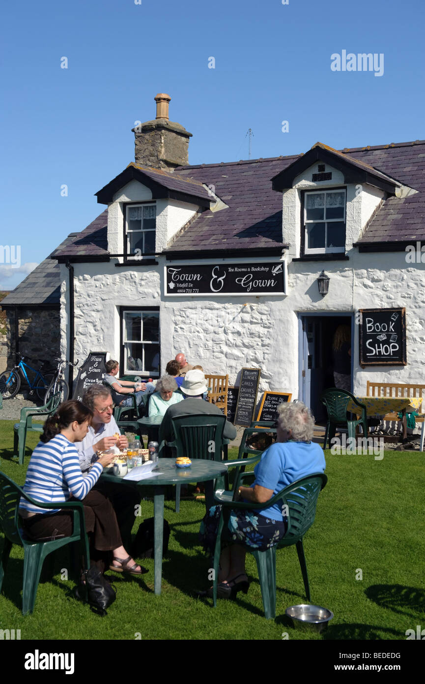 People sitting outside the Town and Gown tearooms and bookshop, sunny ...