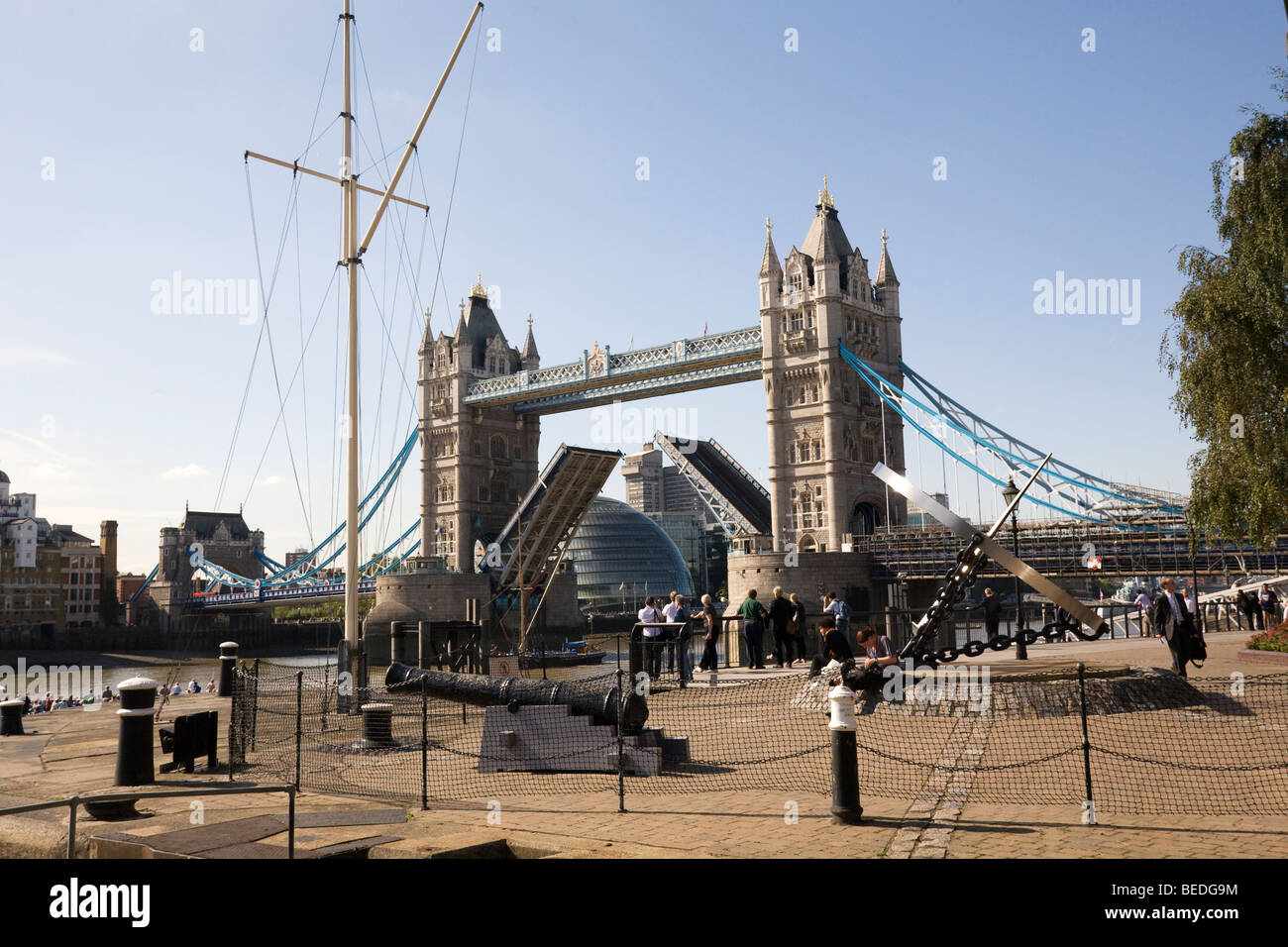 Raised Tower Bridge, River Thames London GB UK Stock Photo - Alamy