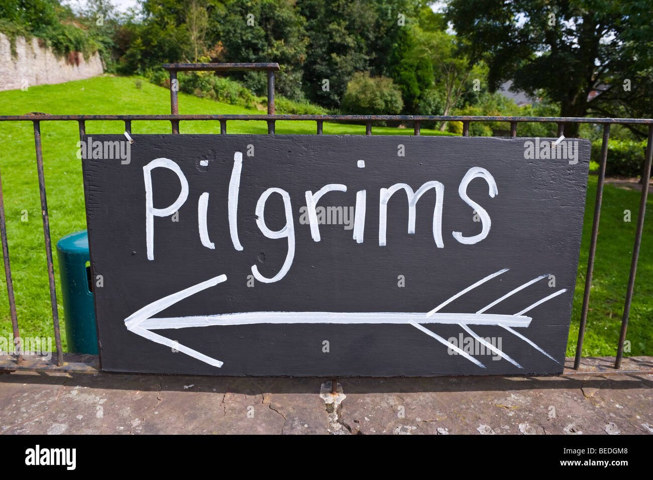 PILGRIMS this way direction sign outside Brecon Cathedral Powys Wales ...