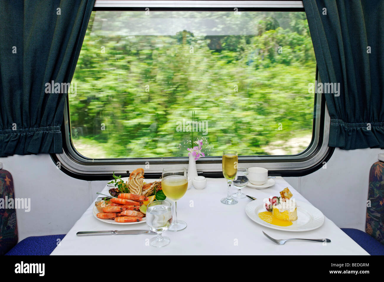Laid table in the restaurant car of the Sunlander train, Queensland ...