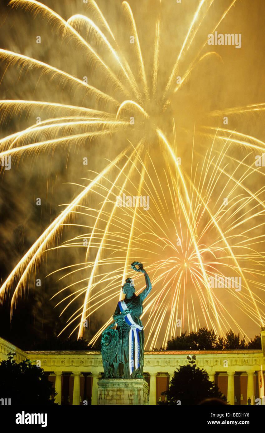 Fireworks over the Bavaria statue during Oktoberfest, Munich, Bavaria ...
