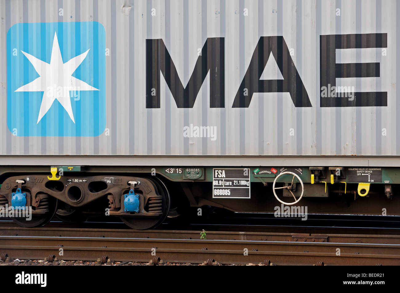 Maersk container being transported by rail Stock Photo - Alamy