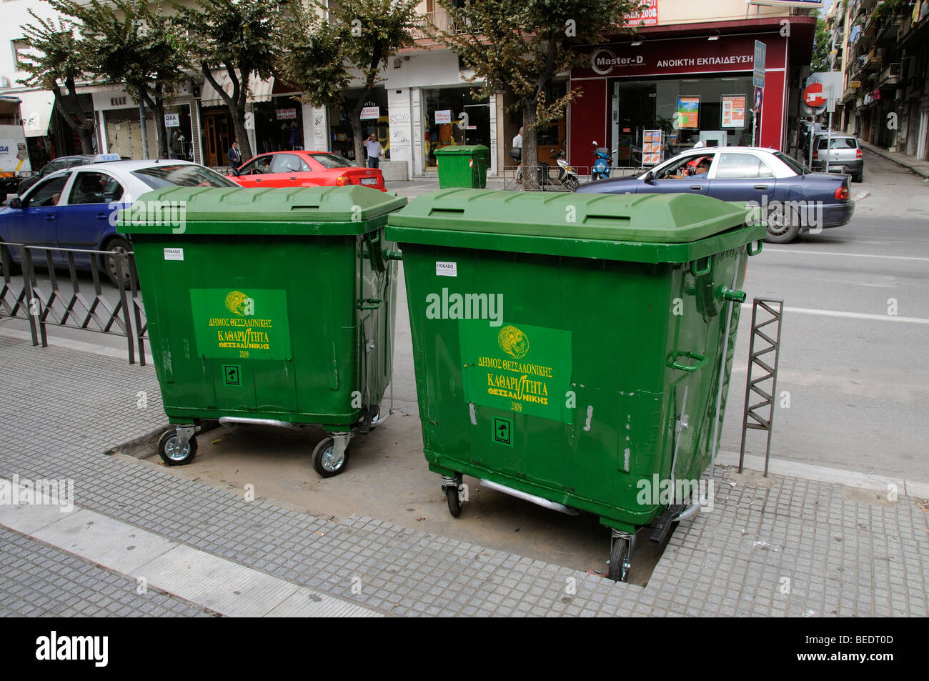 Commercial refuse bins on the roadside central Thessaloniki Greece ...
