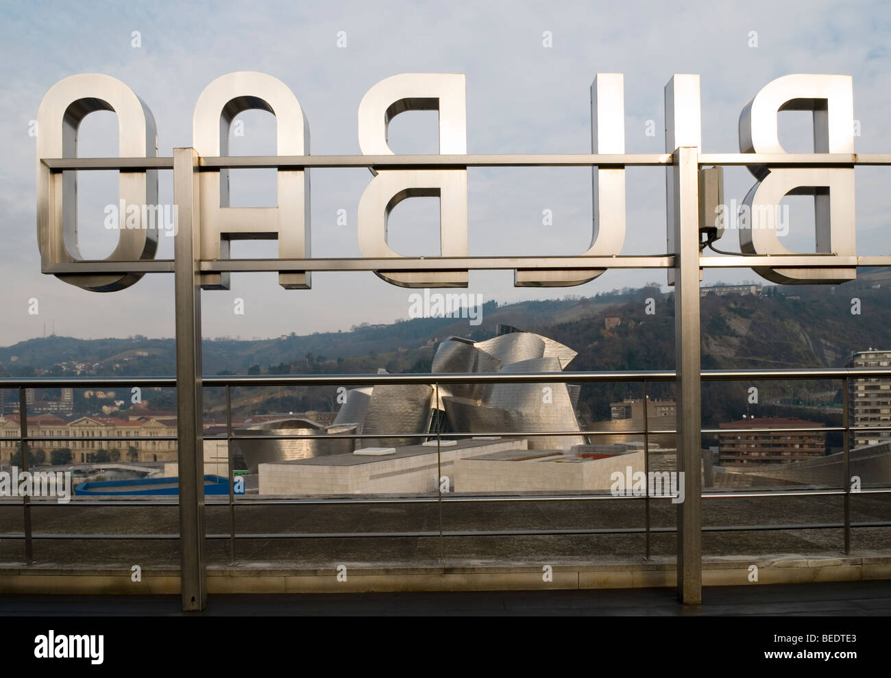 The Guggenheim Museum, looking through a 'Bilbao' sign from a hotel ...