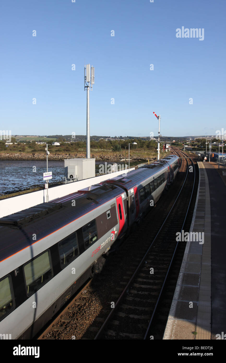 elevated view of train at Montrose Railway station, Angus, Scotland ...