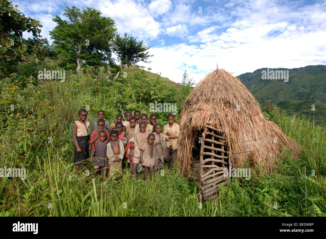 Traditional Bakonzo home with children, Rwenzori Mountains, West Uganda ...
