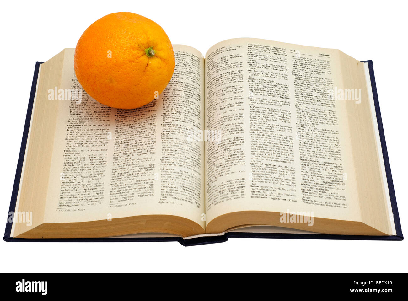 Open hardcover book with orange isolated on white background, saved ...