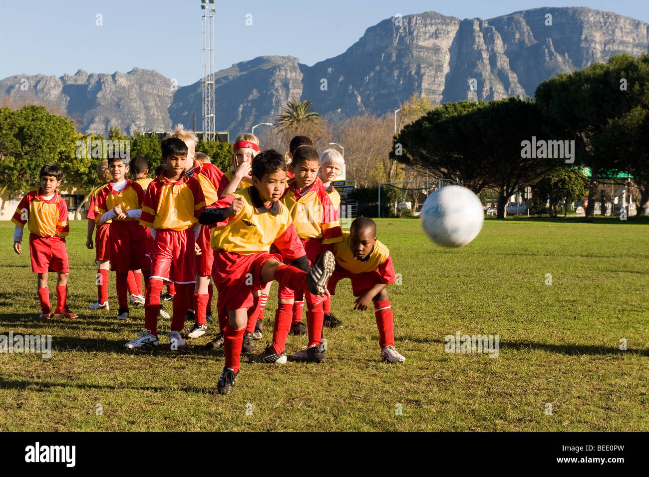 Boys practicing skills with under 11 soccer team, Cape Town, South ...