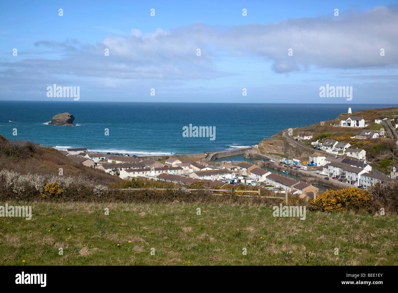 Portreath looking towards the harbour and the landmark; cornwall Stock ...