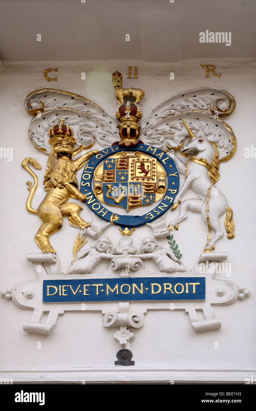 The pargetted Royal Coat of Arms on the external wall of the "Ancient ...