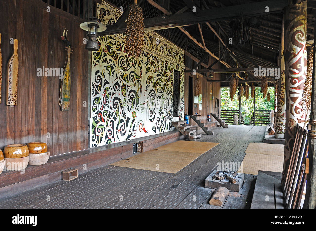 Terrace with Wall Paintings of an Orang Ulu or Dayak Communal Longhouse ...