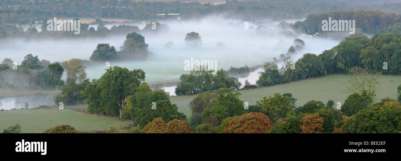 Autumn dawn over the River Thames looking upstream from an elevated ...