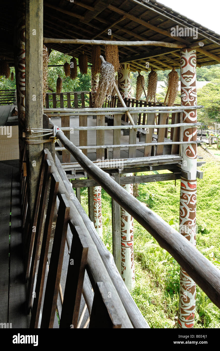 Terrace of an Orang Ulu or Land Dayak Communal Longhouse at Sarawak ...