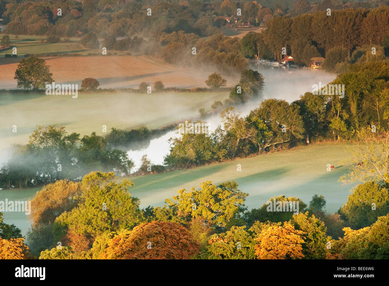 Autumn dawn over the River Thames looking upstream from an elevated ...
