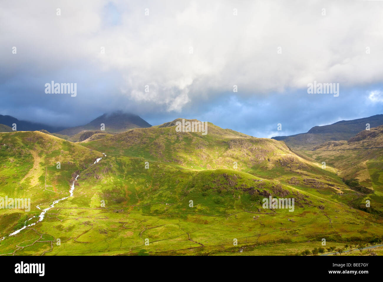 Stormy summer conditions in the Snowdonia National park in North Wales ...