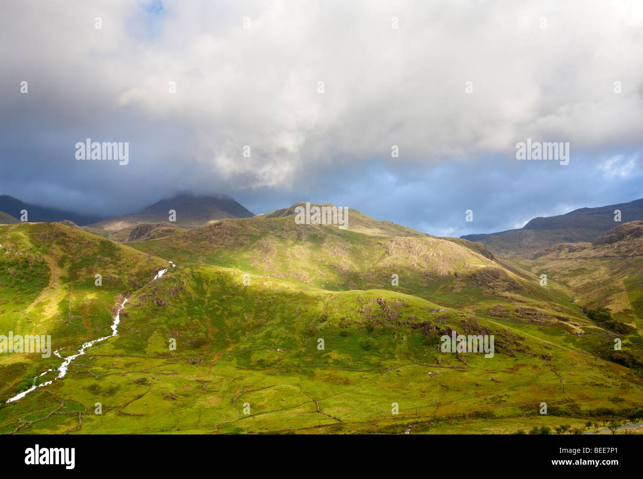 Stormy summer conditions in the Snowdonia National park in North Wales ...