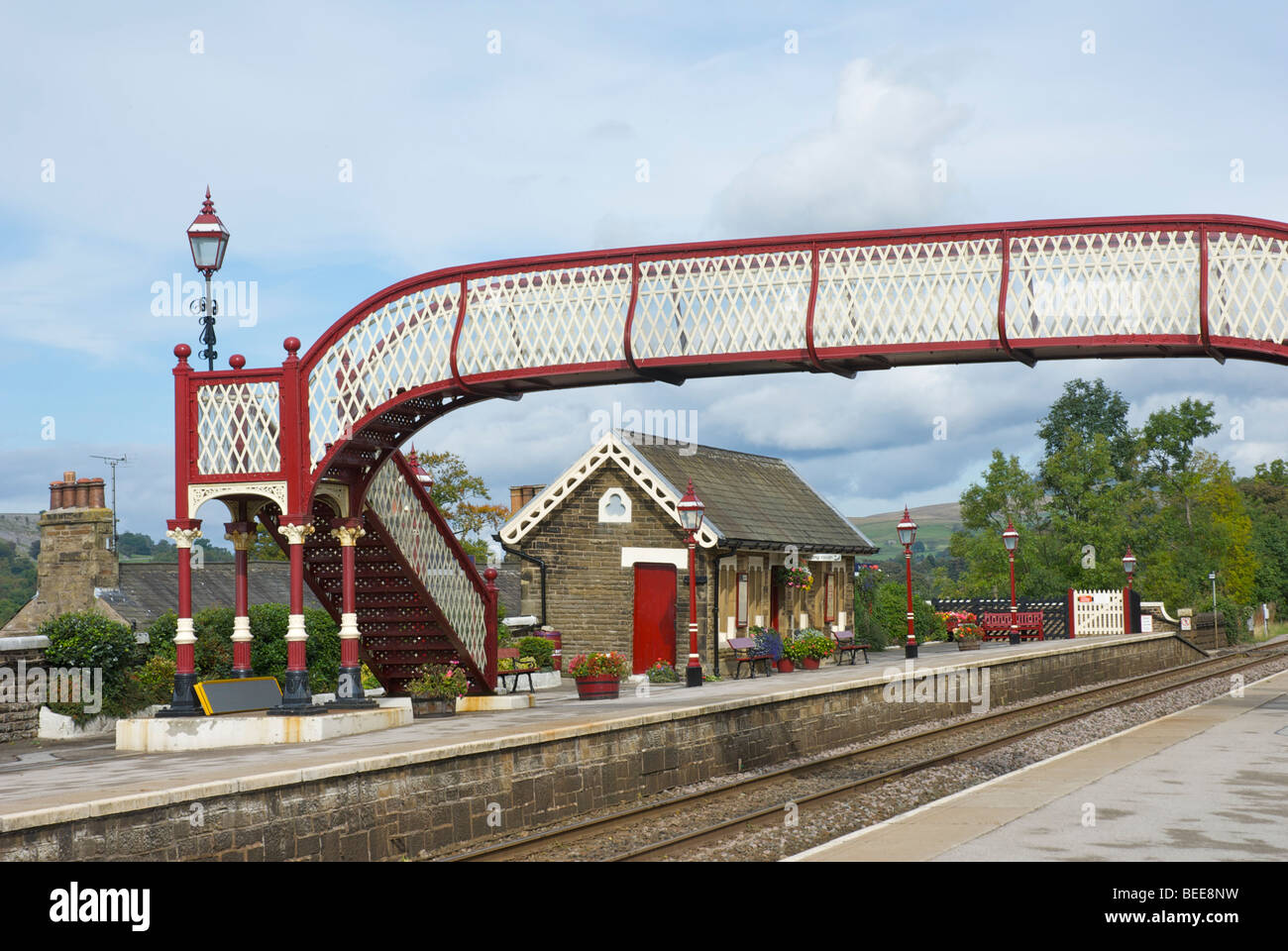 The footbridge at Settle railway station, on Settle-Carlisle line ...