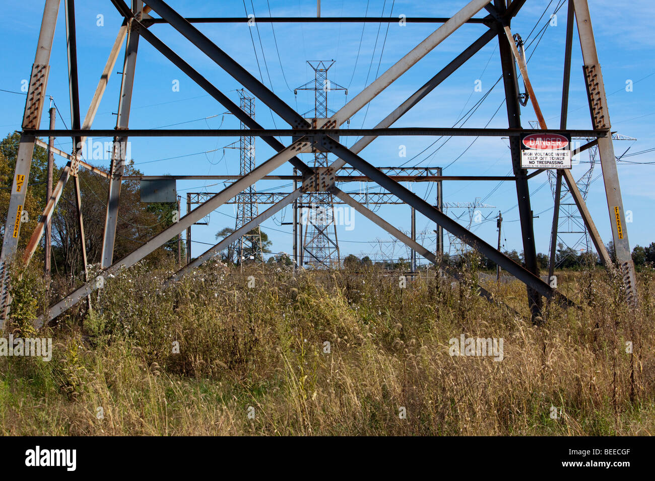 A autumn shot of public utility electric transmission towers. The steel ...