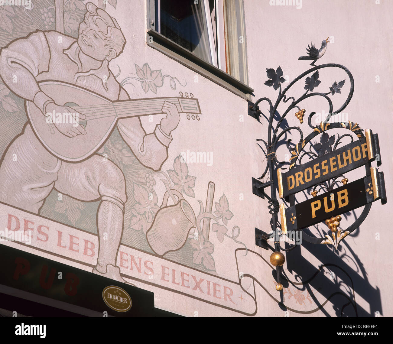 Pub sign Drosselgasse Rudesheim Hessen Germany Stock Photo - Alamy