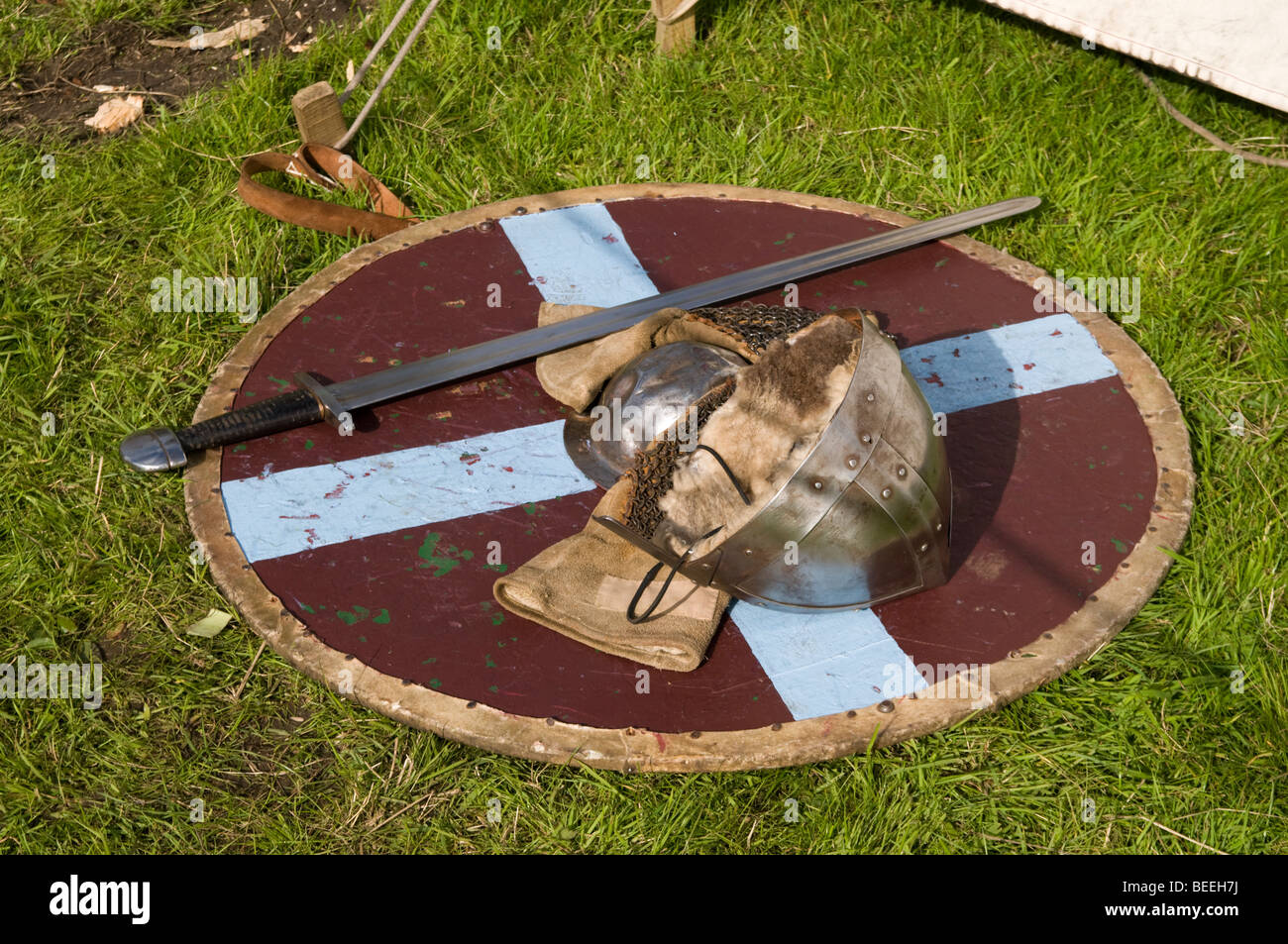 English medieval shield and sword on display in Castleton in the Peak ...