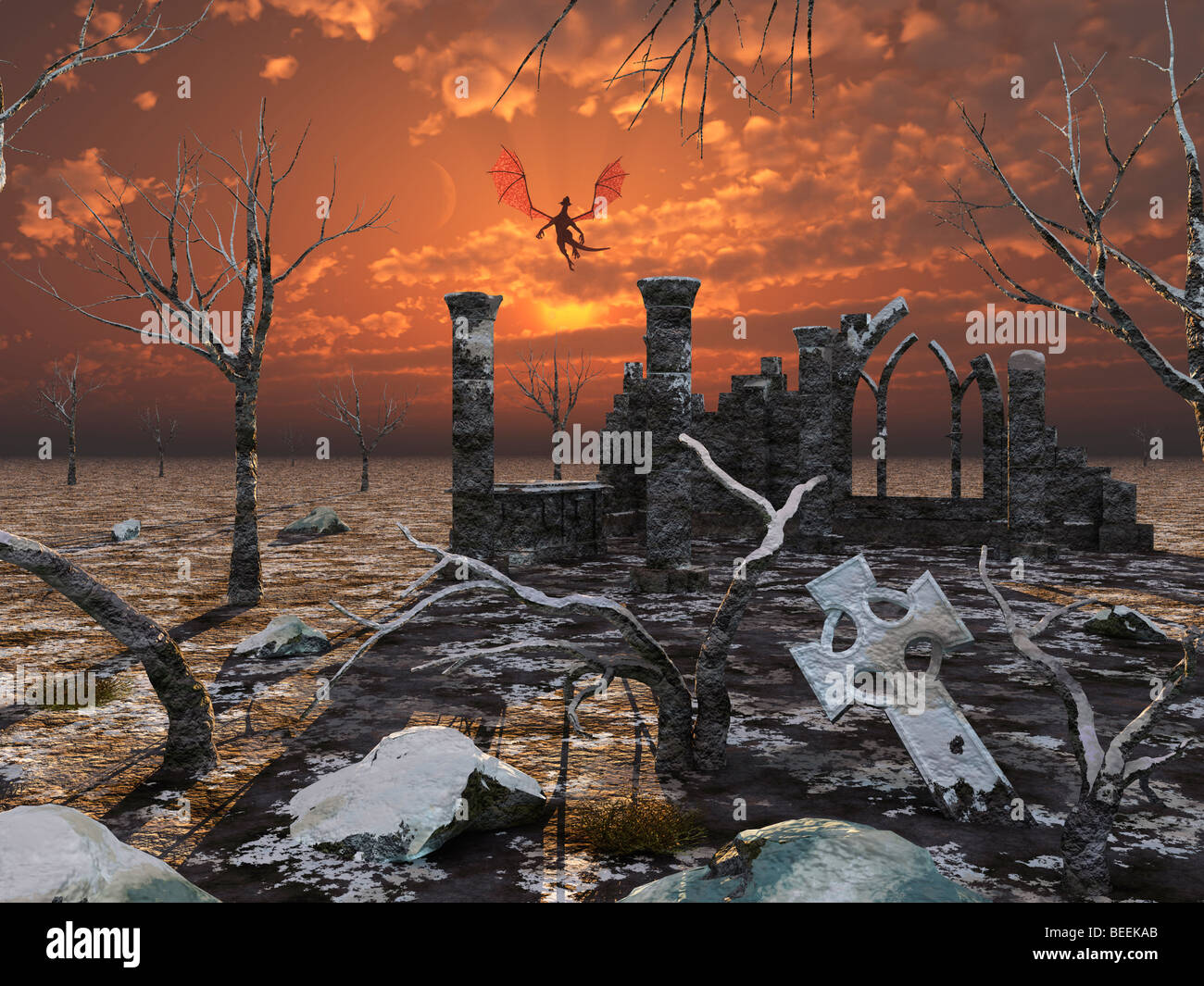 A Single Dragon Flying To The Ruins Of An Old Church Stock Photo - Alamy