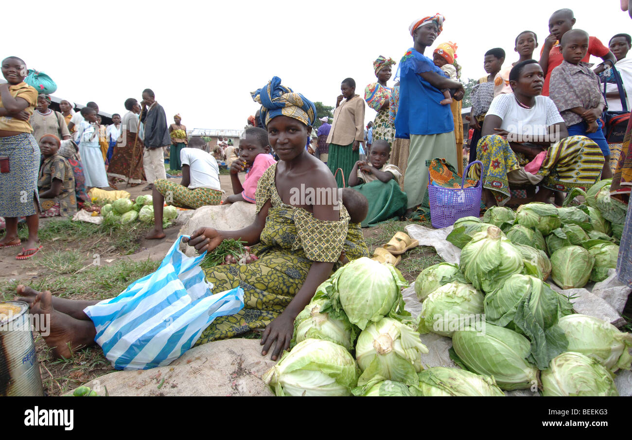 Bakonzo market town with woman selling cabbage, near Kasese, Rwenzoris ...