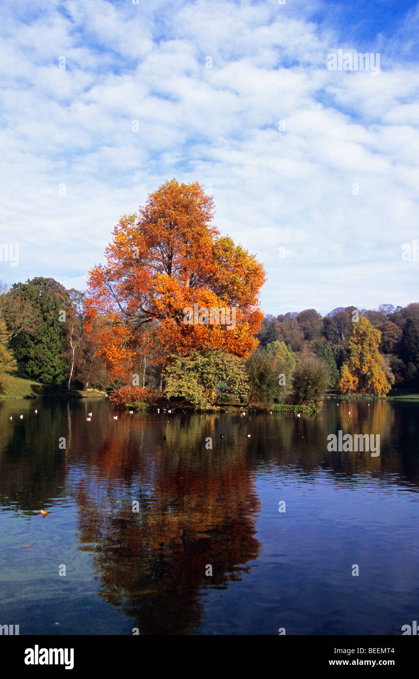 Autumn colours in Stourhead Gardens, a large estate owned by the National Trust, near the small ...