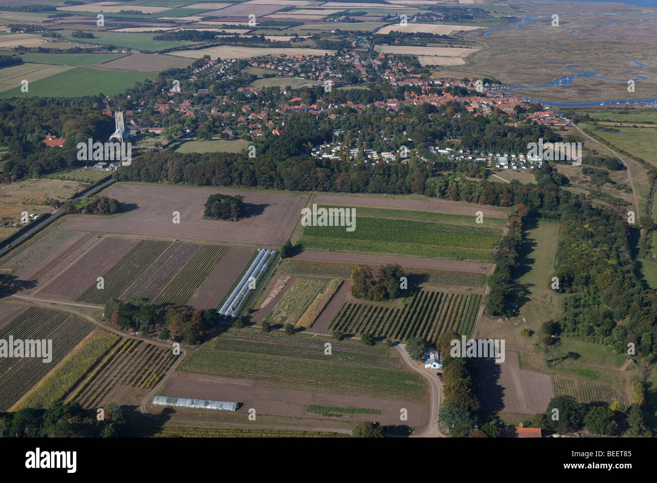 aerial view of Blakeney Village Norfolk & Farmland in late summer Stock ...