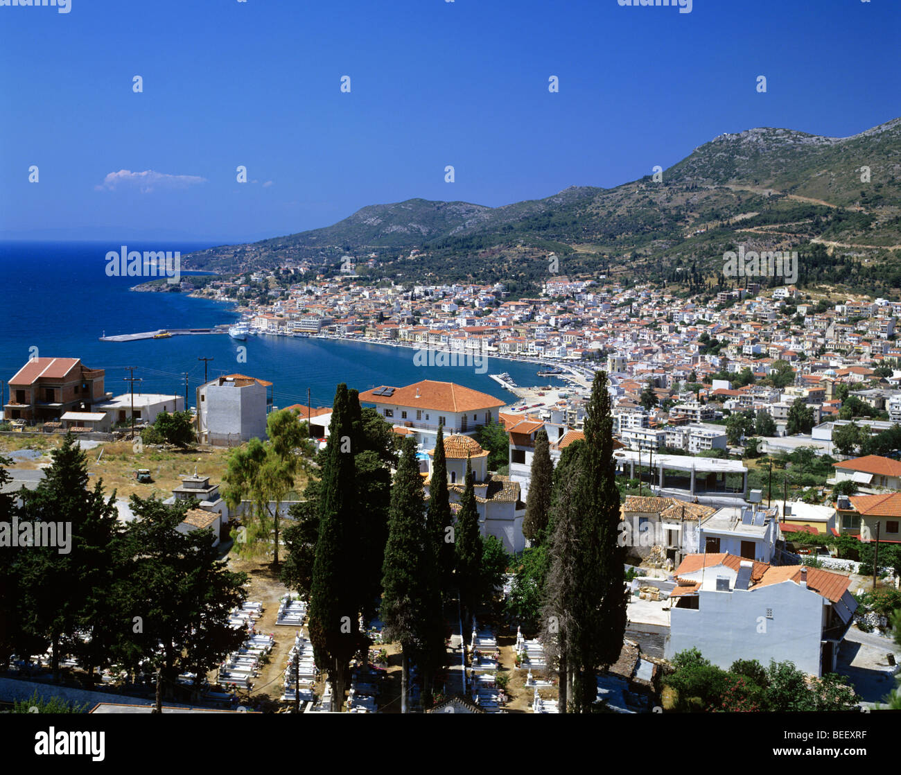 View over the port and town of Samos on the Greek island of Samos Stock ...